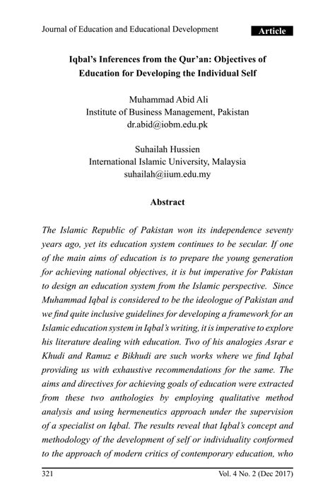 Pdf Iqbals Inferences From The Quran Objectives Of Education For