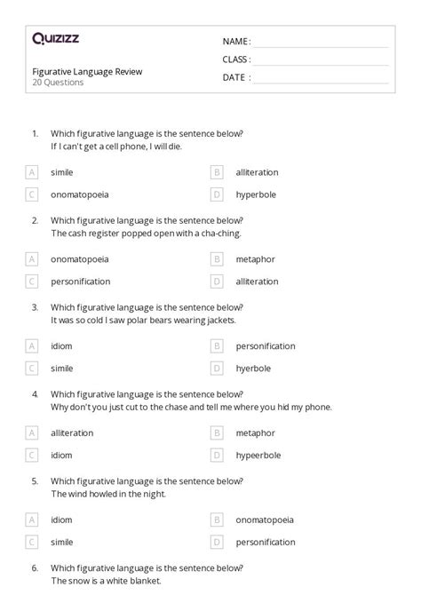 50 Figurative Language Worksheets For 3rd Grade On Quizizz Free