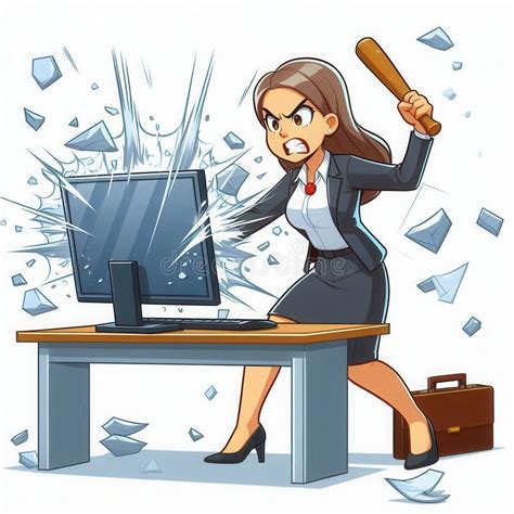 Businesswoman Smashing A Computer With A Bat In A Fit Of Frustration