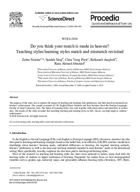 Pdf Do You Think Your Match Is Made In Heaven Teaching Styles Learning Styles Match And