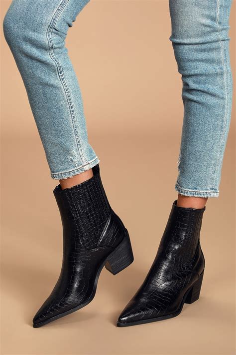 Rocco 1 Black Crocodile Embossed Pointed Toe Ankle Boots Pointed Boots Outfit Pointy Boots