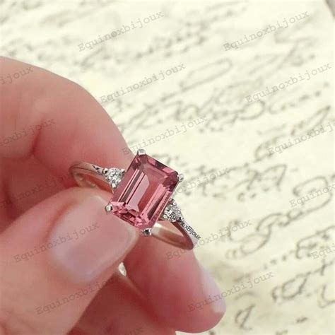 Pink Tourmaline Ring 14k Gold Emerald Cut Tourmaline Engagement Ring