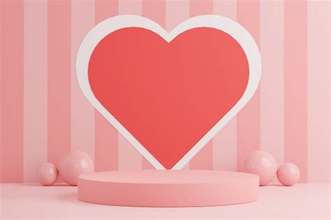 발렌타인 데이 테마로 빈 연단의 최소 장면의 3d 렌더링 제품 프레젠테이션 모형을 위한 디스플레이 스탠드 심플한 디자인으로 달콤하고 사랑스러운 핑크 컬러의 실린더 스테이지