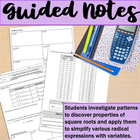 Simplifying Radicals Square Roots With Variables Guided Notes Worksheet Lesson