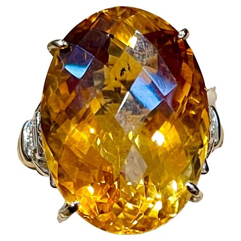 34 Ct Natural Oval Checker Board Citrine Cocktail Ring 14 Kt Yellow