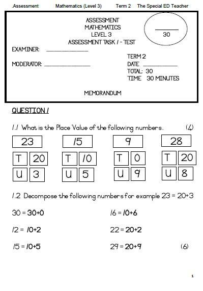 Math Assessment Grade 3 Term 1 The Special Ed Teacher