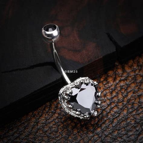 Princess Crown Prong Heart Sparkle Belly Button Ring Black Belly