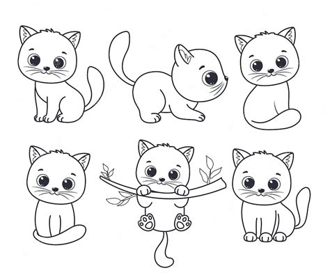 만화의 귀여운 새끼 고양이 벡터 일러스트 레이 션의 윤곽 세트 프리미엄 벡터