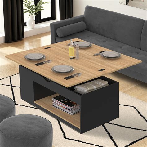 Table Basse Relevable Convertible De 100 Cm Rectangulaire Bois Et Noir
