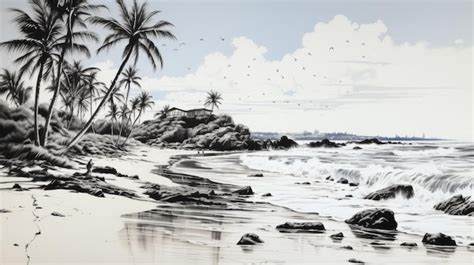 Premium Photo Black And White Beach With Palm Trees And Waves