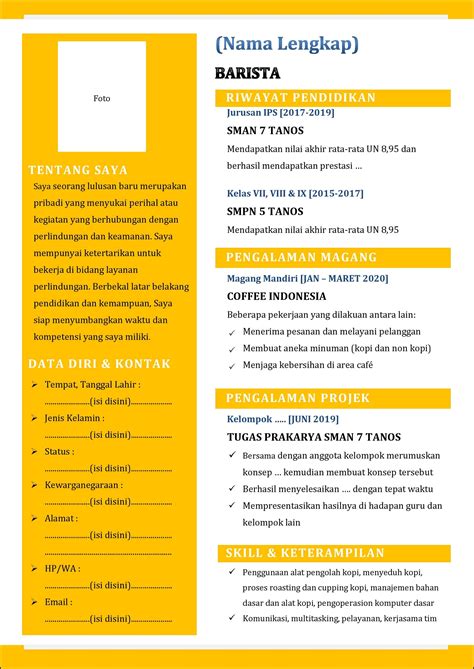Contoh Curriculum Vitae Cv Barista Fresh Graduate Tanpakoma