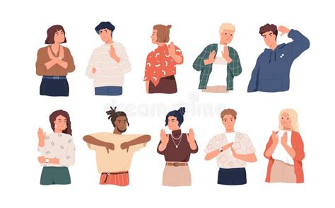 Negative Gestures Flat Vector Illustrations Set Finger Language Non
