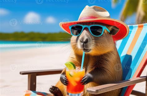 Ai Generated Capybara In Sunglasses A Straw Hat Sitting On A Beach