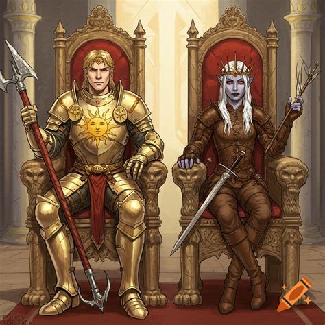 An Armored Woman Kneels Proposing Marriage To A Small King In A Throne