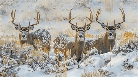Three Mule Deer Bucks In Winter Background Mule Deer Buck Antlers