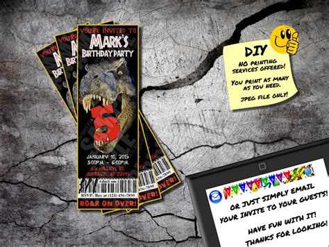 Jurassic Park Invite Printable Birthday Ticket Emailable