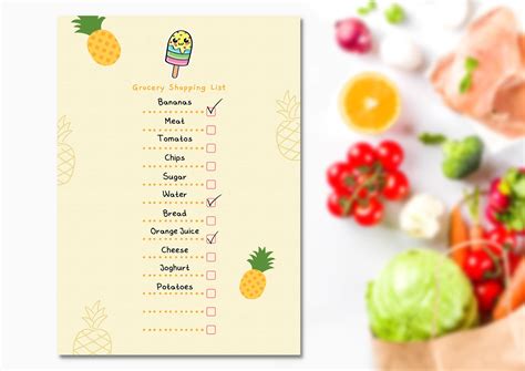 Grocery Shopping Checkable List Pineapple Kawaii Printable Etsy
