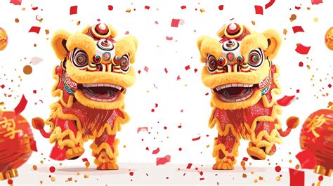 Chinese Lions Dancing Celebration Show White Background Premium Ai