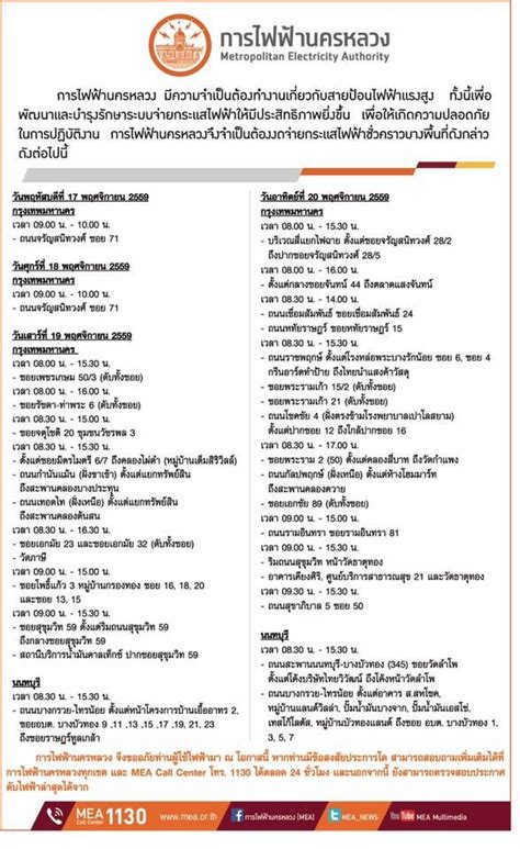กฟน เผยรายชื่อพื้นที่งดจ่ายไฟ17 20พ ย เพื่อบำรุงรักษาระบบ