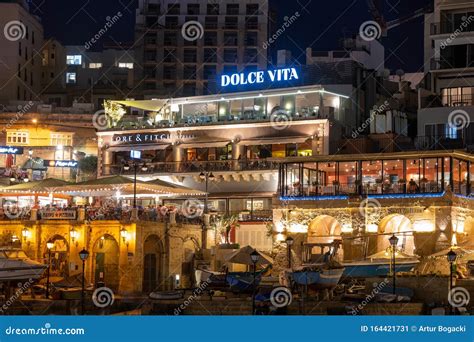 Restaurants In St Julian Town In Malta At Night Editorial Photo Image