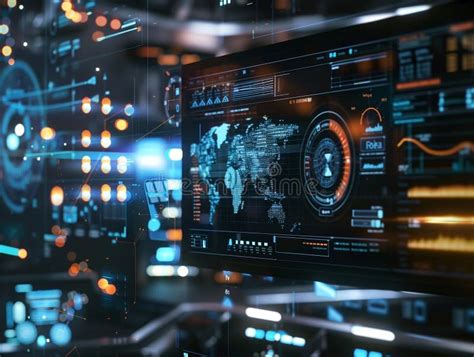 futuristic digital interface with world map stock illustration