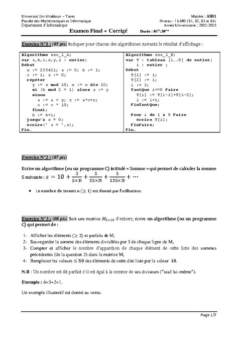 Examen 2 Algorithmique Et Structures De Données 1 Faculté Des