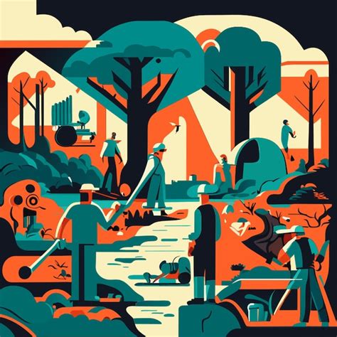 Illustrate A Scene Where Humans And Nature Collaborate To Restore A