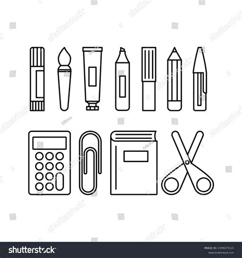School Supplies Icon Set Black Outline เวกเตอร์สต็อก ปลอดค่าลิขสิทธิ์