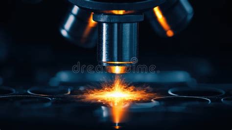 A Microscope Is Focused On A Bright Orange Light Creating A Burst Of Sparks Stock Image