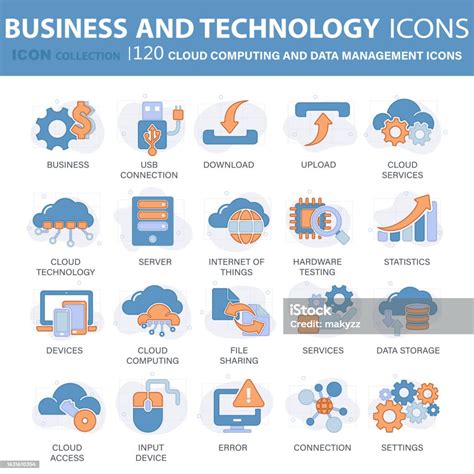 클라우드 기술 프로그래밍 데이터 관리 인터넷 연결 소셜 네트워크 컴퓨팅 정보 120 개의 파란색 기술 아이콘이 설정되었습니다 플랫 벡터 그림 0명에 대한 스톡 벡터 아트 및