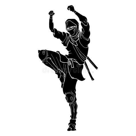 A Ninja Silhouette In Black And White Standing On One Leg As A Gesture