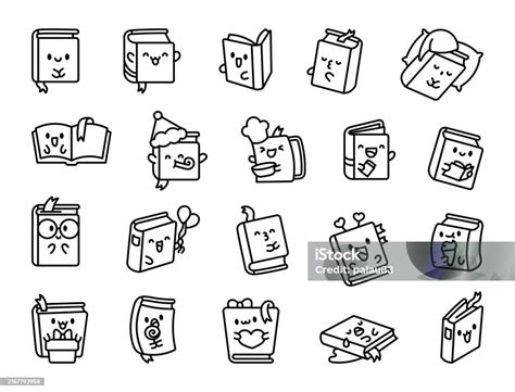 재밌는 책 귀여운 얼굴 색칠 공부 페이지 사랑스러운 만화 캐릭터 손으로 그린 스타일입니다 벡터 그리기 디자인 요소 모음 가공의 인물에 대한 스톡 벡터 아트 및 기타 이미지