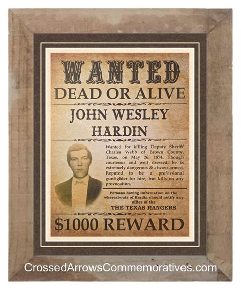 Old West Wanted Poster John Wesley Hardin Printed On Aged Parchment Custom Matted And Framed