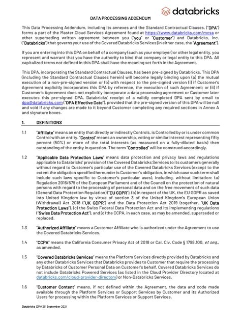 Databricks Data Processing Addendum 25 Sept 2021 Final Pdf