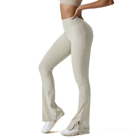 Fitop Womens Ribbed Flared Leggings Slit Hem High Waist Bootcut Yoga