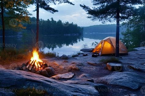 A Night Camping Scene By A Lake In The Forest With A Campfire Lighting