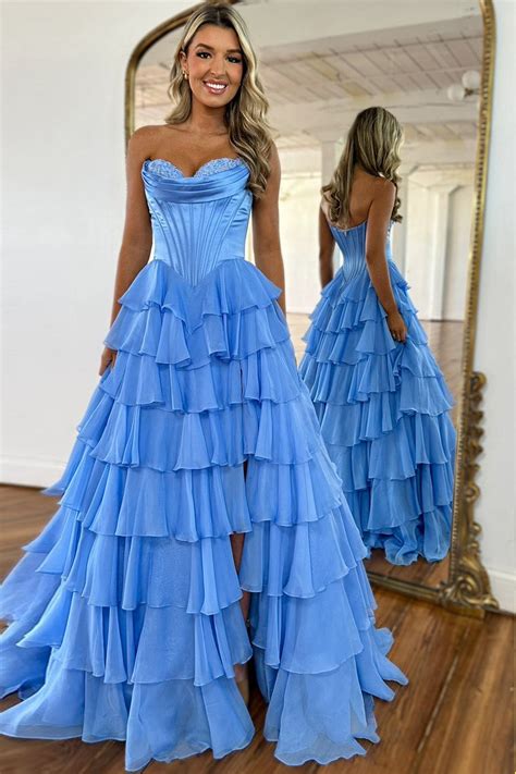 Daisyprom Women Lovely Yellow A Line Sweetheart Long Tiered Prom Dress