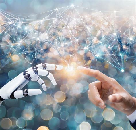 Ai Machine Learning Hands Of Robot And Human Touching On Big Data Network Connection