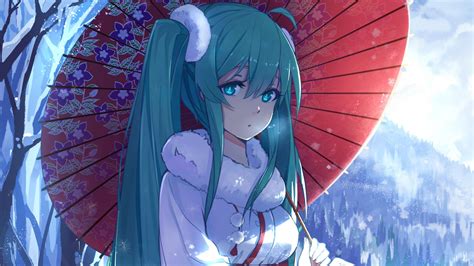 Download Twintails Umbrella Hatsune Miku Snow Green Eyes Long Hair