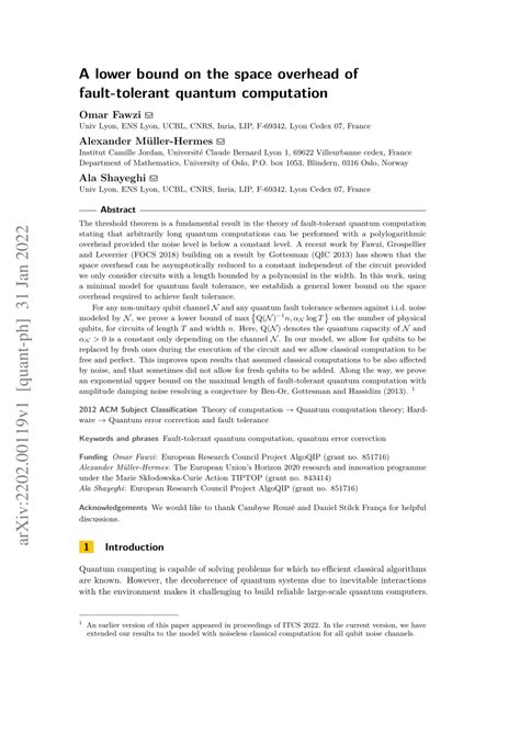 Pdf A Lower Bound On The Space Overhead Of Fault Tolerant Quantum