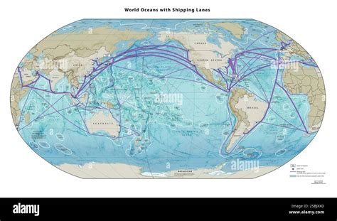 a map of the world s oceans with shipping lanes marked in purple stock