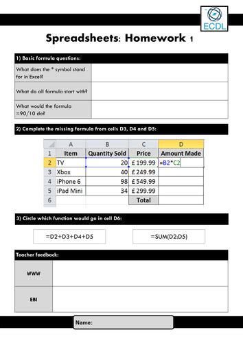Ecdl Spreadsheets Homework Tasks And Revision Guide Teaching Resources