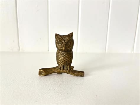 Small Brass Owl Figurine Vintage Solid Brass Owl On Branch Etsy