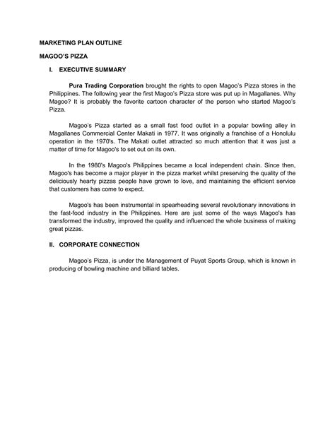 Marketing Plan Outline Sample For Tour 9 Doc Food Industry