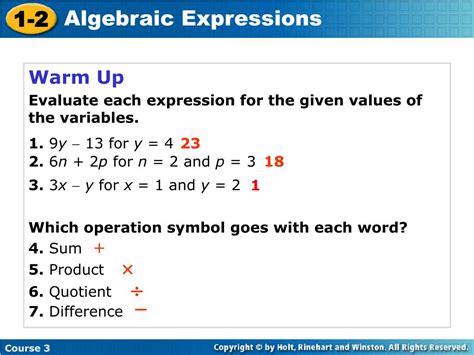Ppt Warm Up Evaluate Each Expression For The Given Values Of The