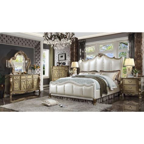 Dresden Ii Queen Bed Pearl White Pu And Gold Patina 27820q Pearl White