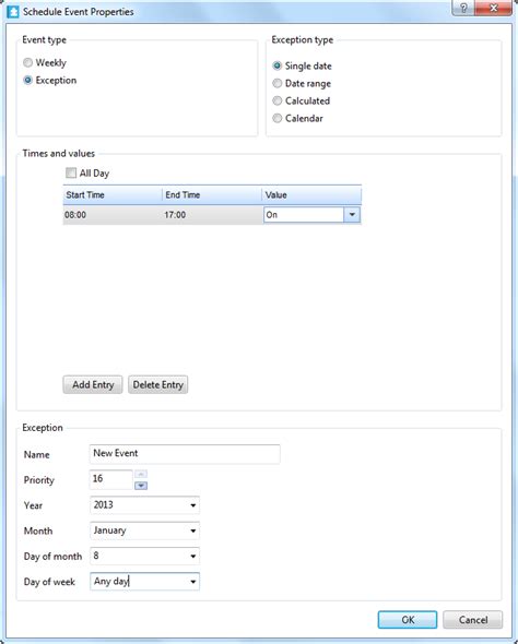 schedule event properties dialog box single date exception view