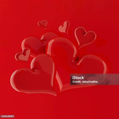 발렌타인 데이 배경입니다 빨간 광택 풍선 하트가 빨간 배경에 솟아 있습니다 사랑 결혼식 배경 광고 디자인 포스터 카드 전단지를 위한 사실적인 3d 렌더링 0명에 대한 스톡