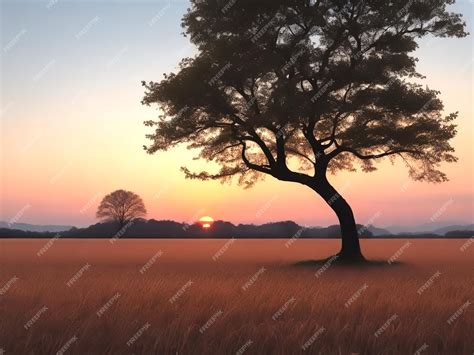 Premium Photo Single Tree On Field During Sunset