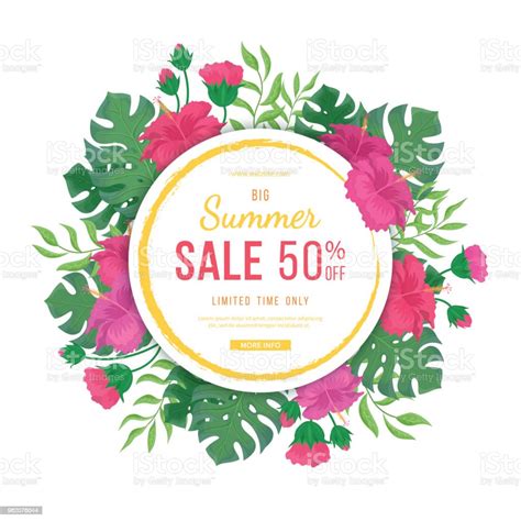 라운드 프레임 큰 여름 판매 배너입니다 꽃과 잎 Monstera 팜 히 비 스커 스의 꽃 봉 오리 인쇄에 대 한 열 대 이국적인 템플릿 포스터 디자인 또는 웹 개성 개념에